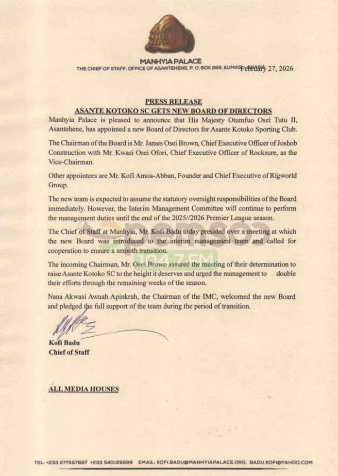 Asante Kotoko SC Announces New Board of Directors - Obu Sports